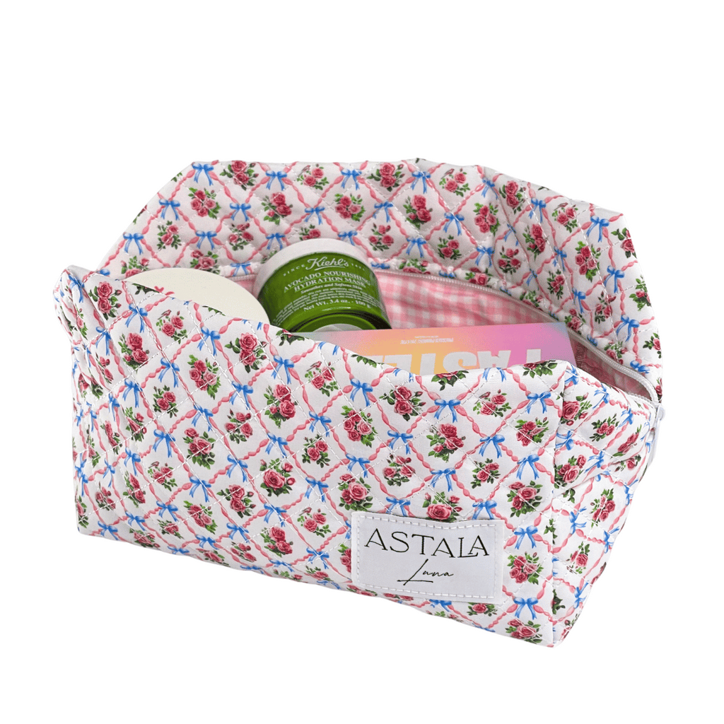Vienna | Bow & Floral Print Quilted Bag | Make Up Bag | Skincare Bag ...