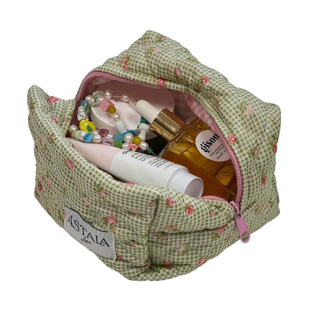 Fawn Mini | Green Rose + Pink Gingham Quilted Bag | Make Up Bag ...