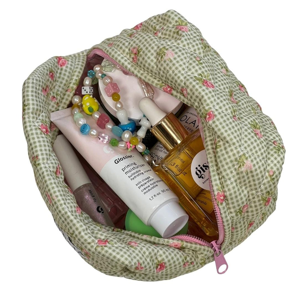 Fawn Mini | Green Rose + Pink Gingham Quilted Bag | Make Up Bag ...