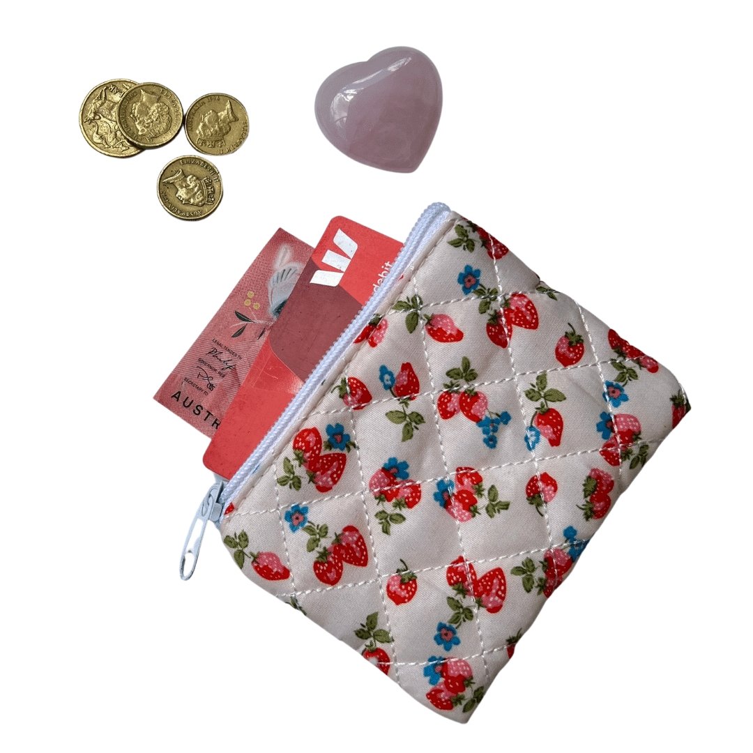 Ivy Wallet | Beige Strawberry + Gingham Print Quilted Wallet | Astala Luna